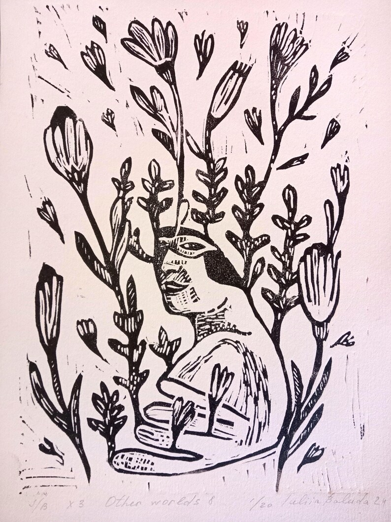 Linocut "flower in the Shade", Linocut Wall Poster, Handmade, Signed ...