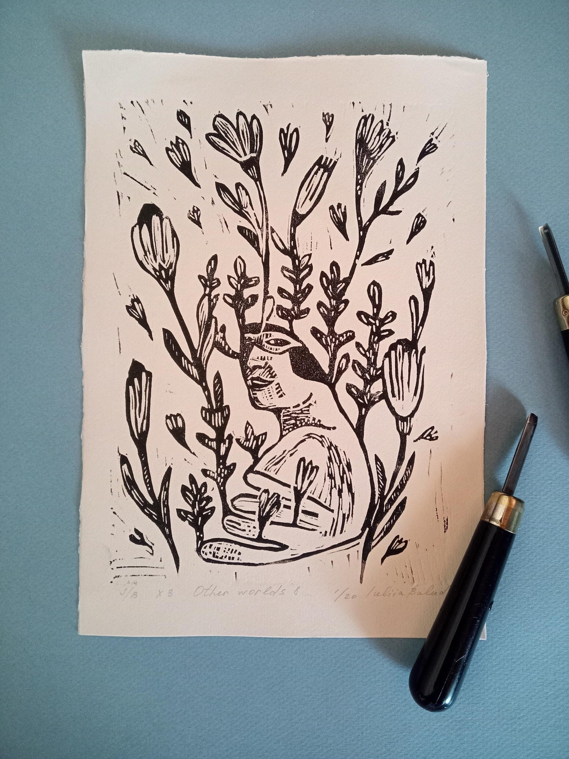 Linocut "flower in the Shade", Linocut Wall Poster, Handmade, Signed ...