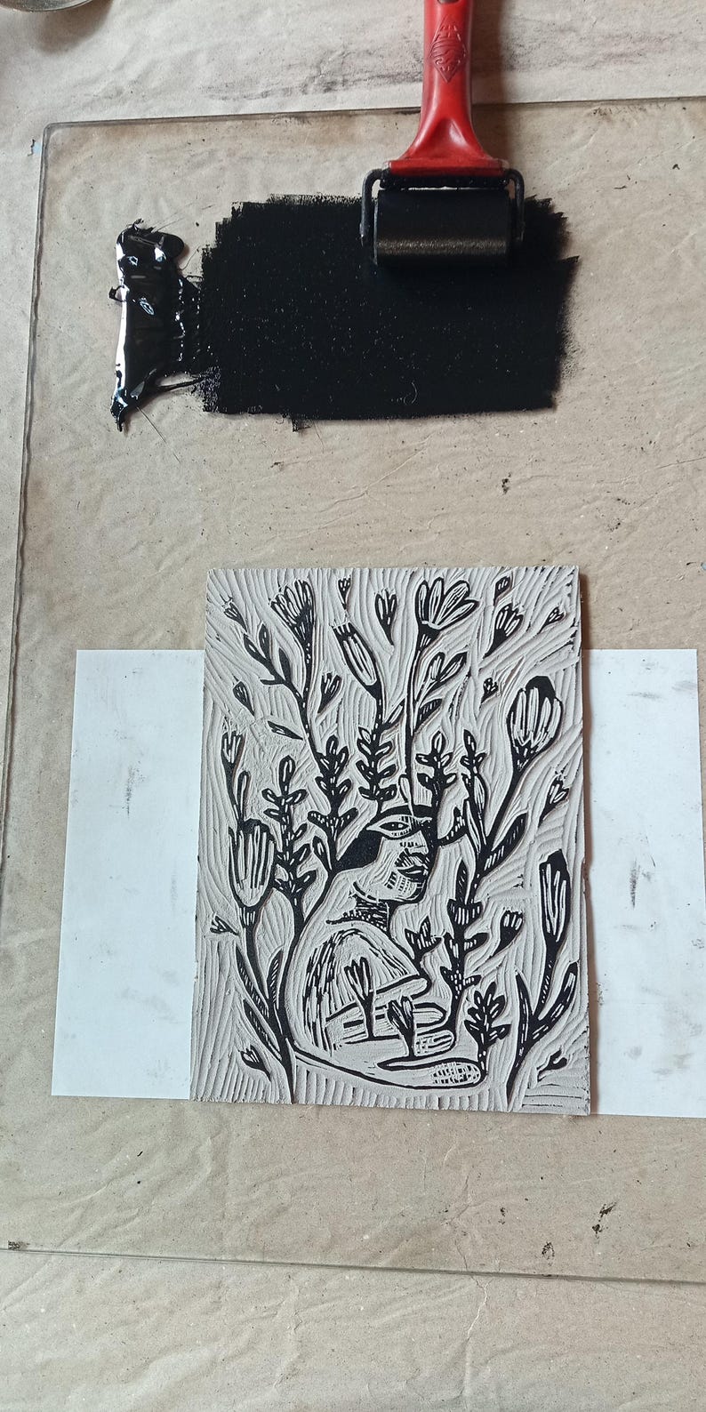 Linocut "flower in the Shade", Linocut Wall Poster, Handmade, Signed ...