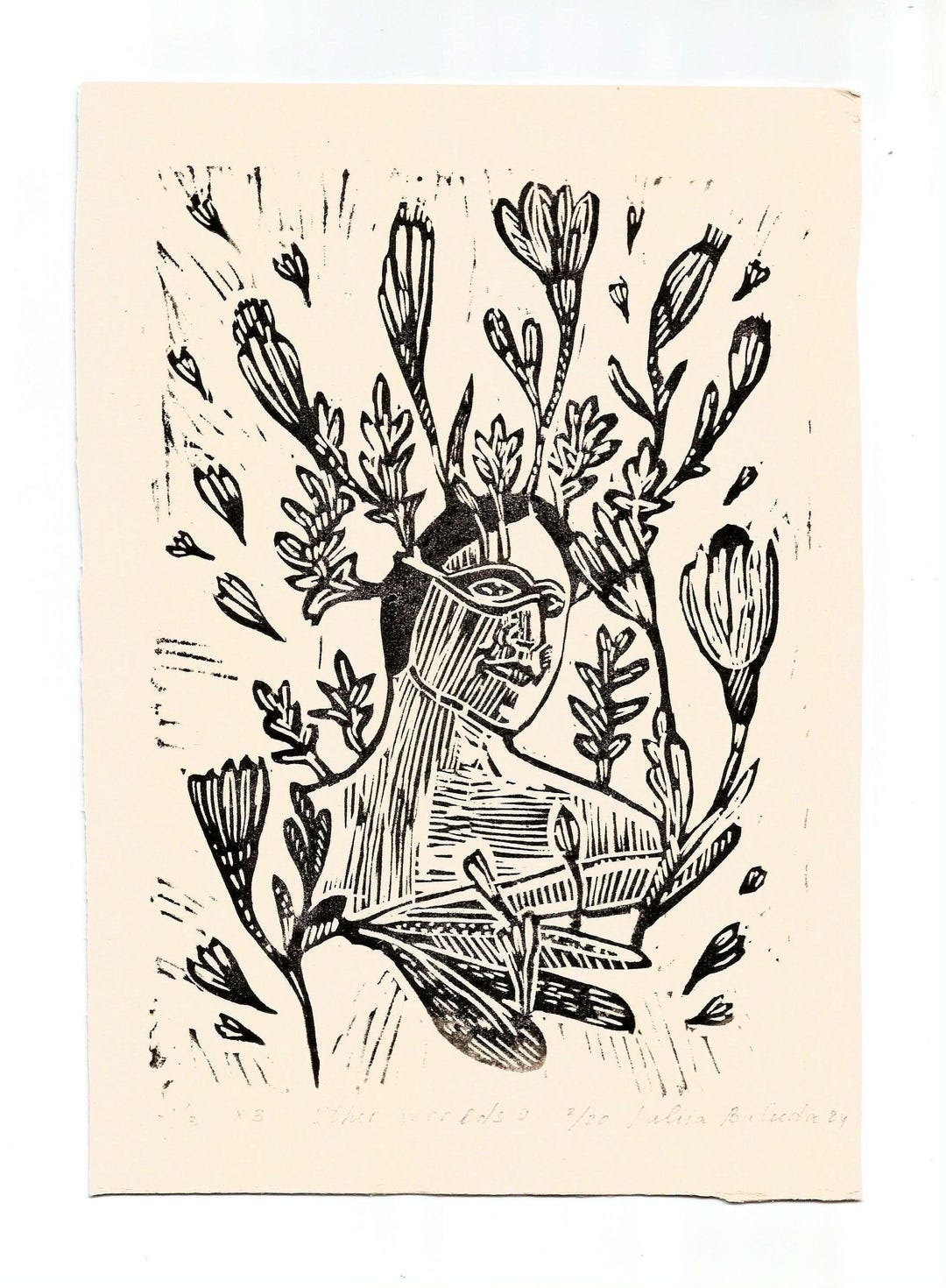 Linocut "face in the Sun", Linocut Wall Poster, Handmade, Signed ...