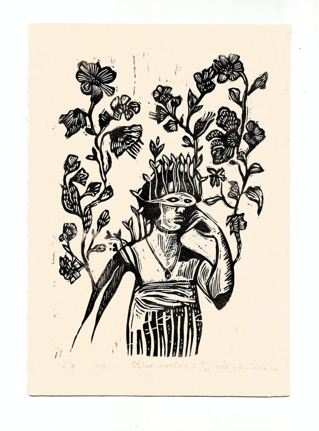 Whimsical Floral Linocut Art Print – Mystical Woman, Botanical Motif - Etsy