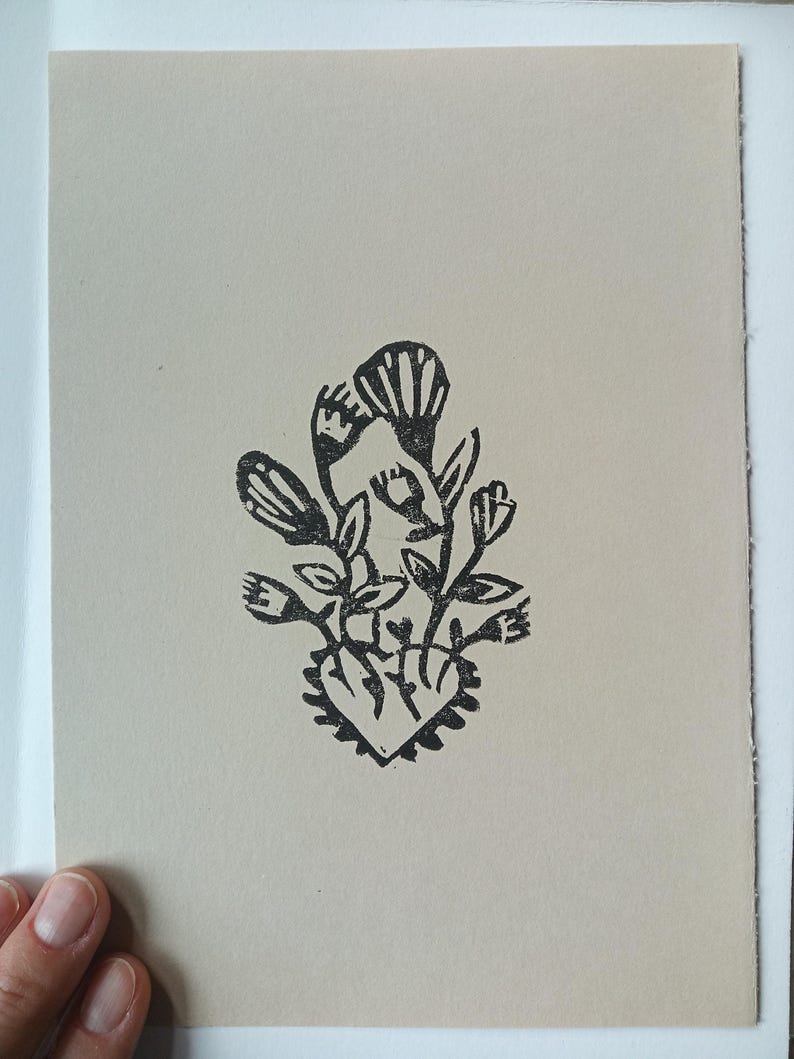 Botanical Heart Linocut Print – Handmade Floral Art, Signed - Etsy