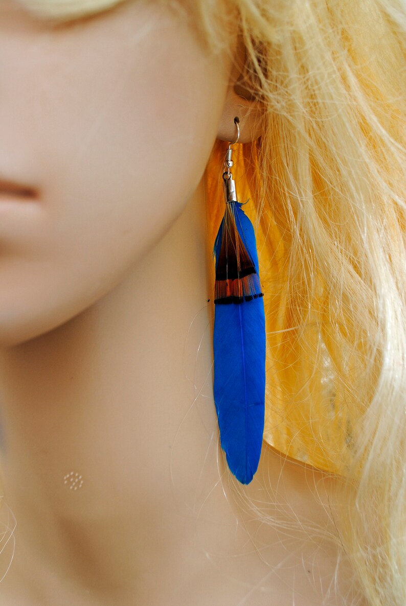 Long Narrow Blue Feather Earrings Real Feather Earrings - Etsy
