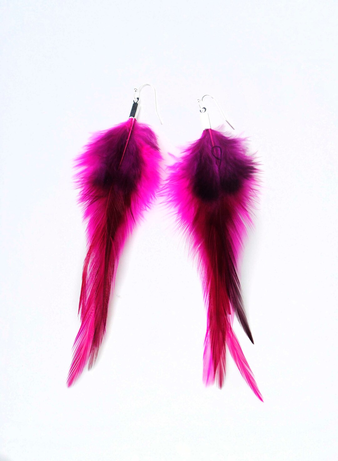 Fuschia Feather Earrings: Long Rooster Feather Dangles - Etsy