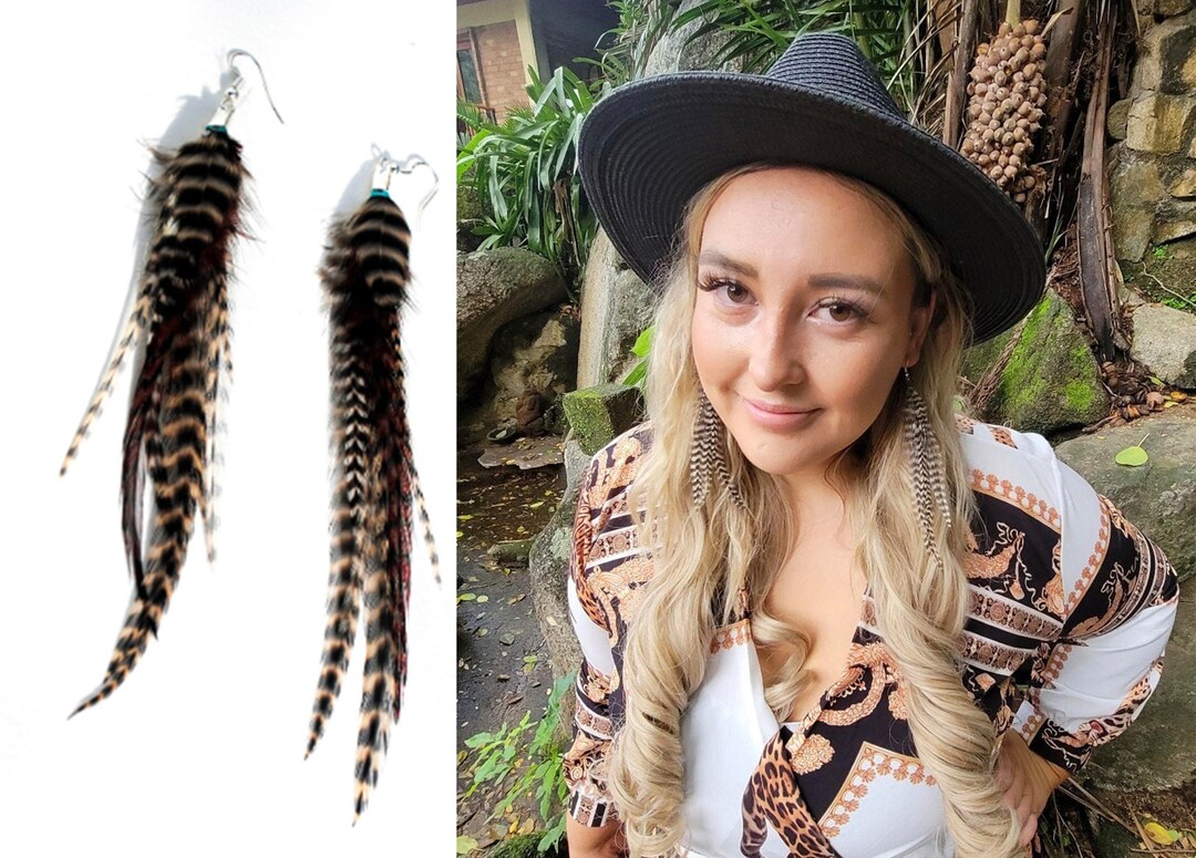 Long Grizzly Whiting Rooster Feather Earrings: Natural Undyed Brown ...