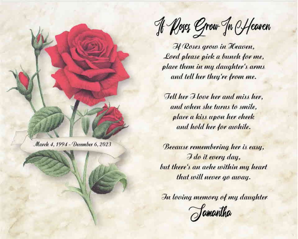 Sympathy Memorial Funeral Poem If Roses Grow in Heaven Digital Download ...