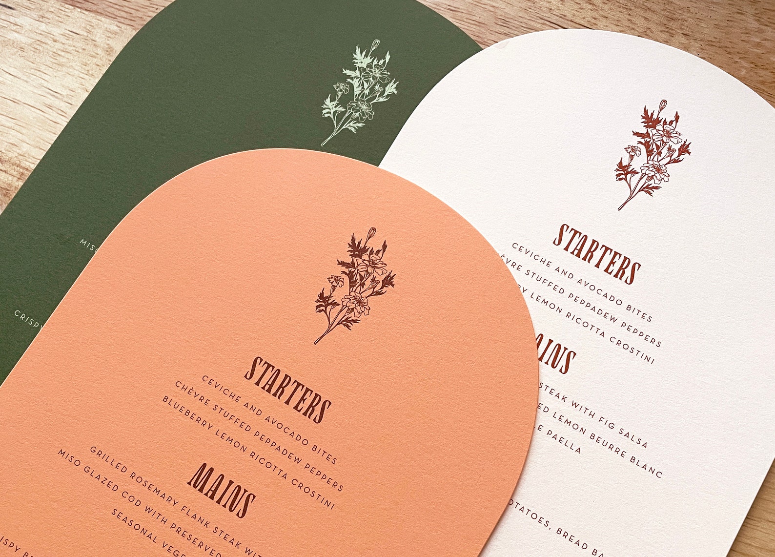 Arch Shape Modern Marigold Solid Color Wedding Menu Curved Printed Menu ...