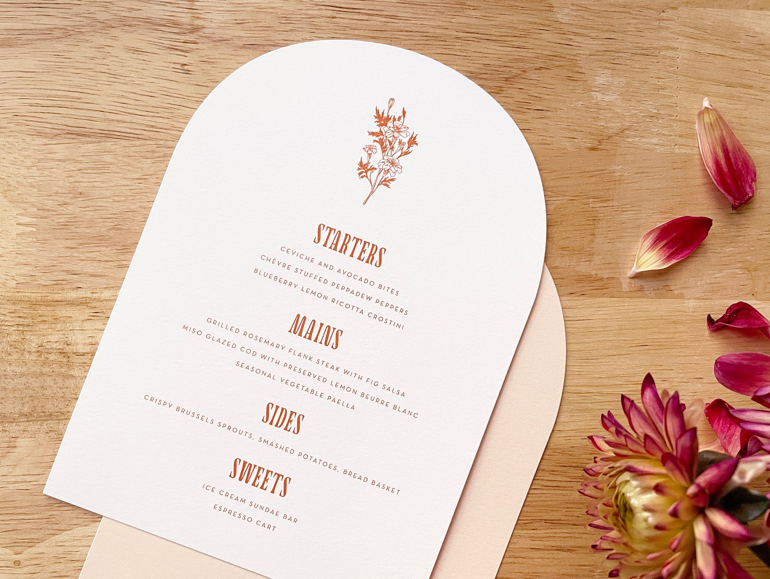 Arch Shape Modern Marigold Solid Color Wedding Menu Curved Printed Menu ...