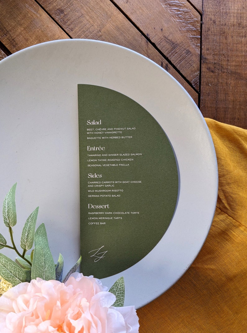 Half Circle Minimalist Solid Color Wedding Menu Printed Half Moon Menu ...