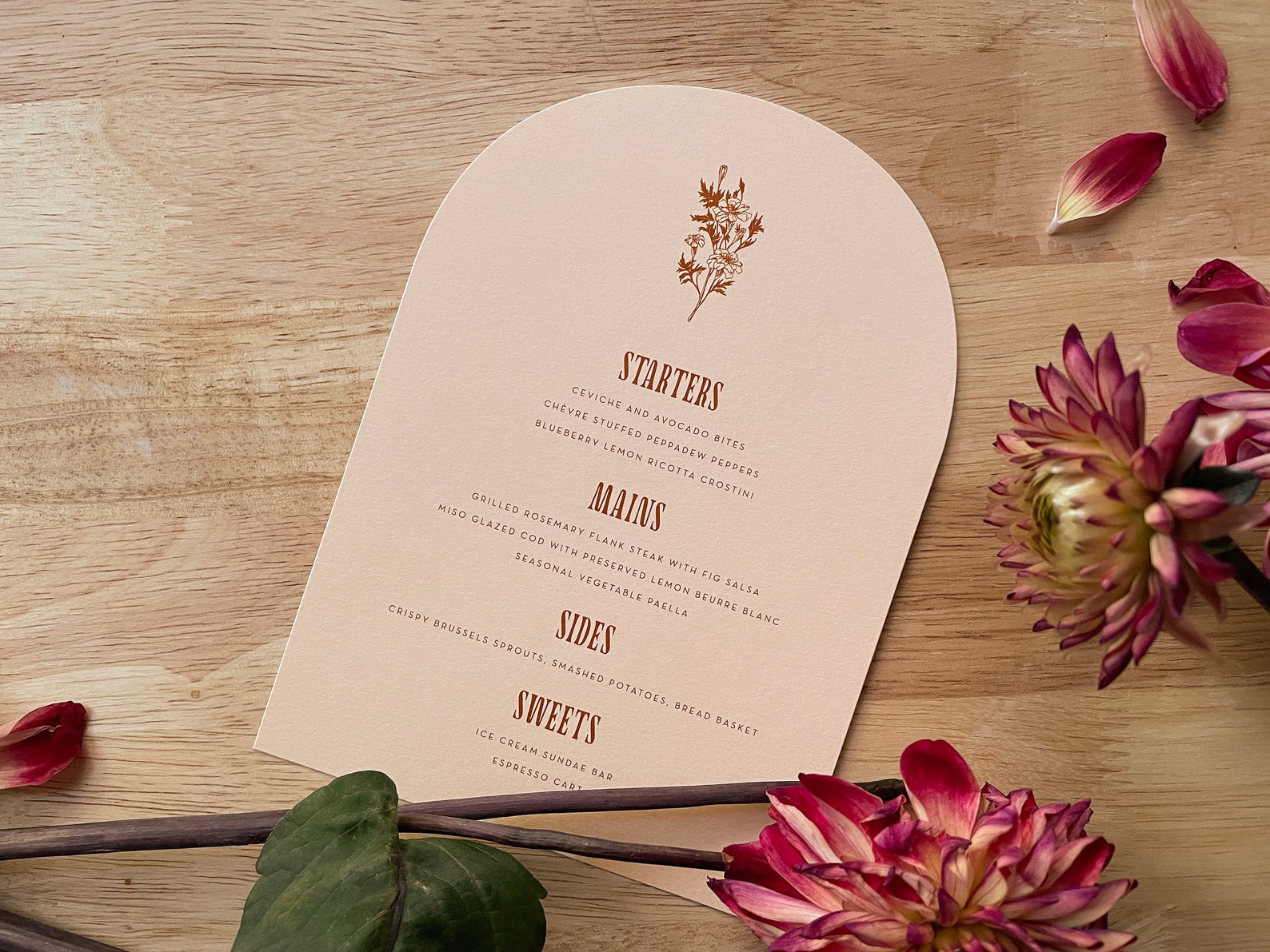 Arch Shape Modern Marigold Solid Color Wedding Menu Curved Printed Menu ...