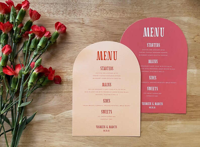 Arch Shape Bold Retro Typography Solid Color Wedding Menu Curved ...