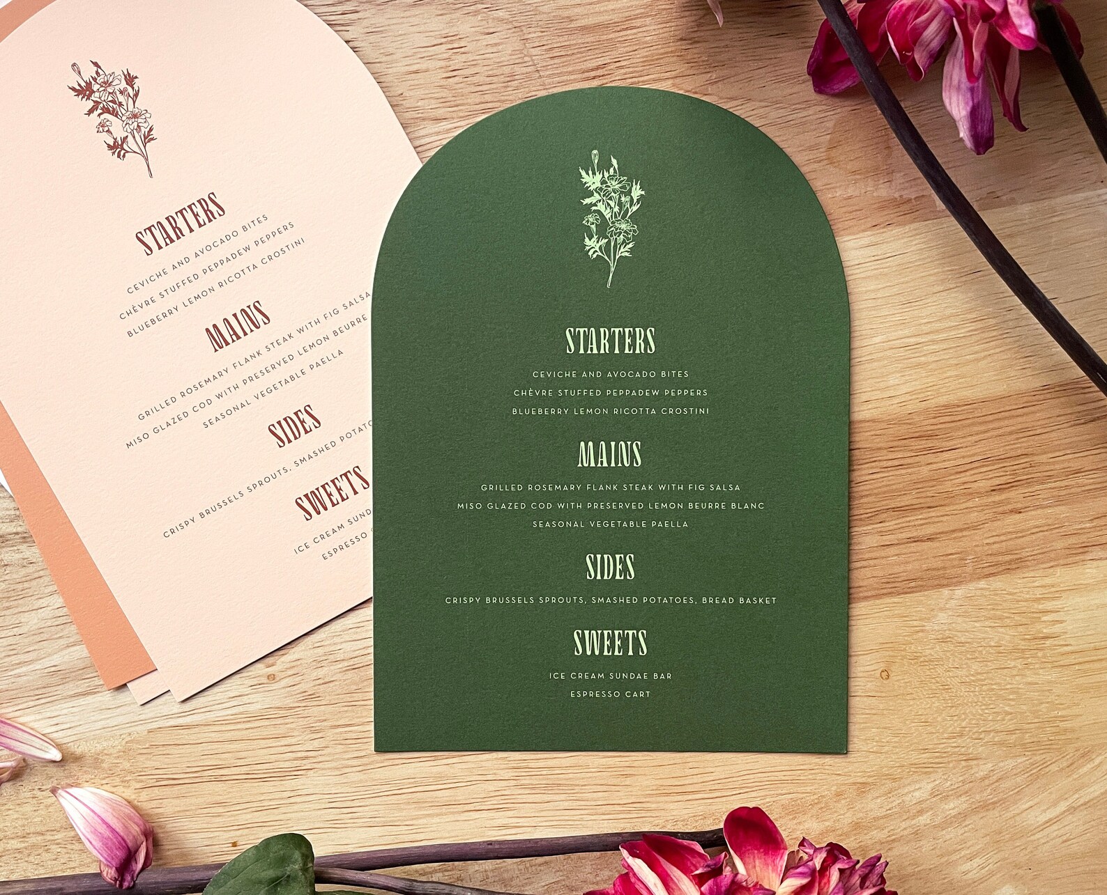Arch Shape Modern Marigold Solid Color Wedding Menu Curved Printed Menu ...