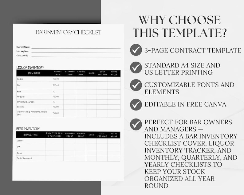 Bar Inventory Checklist, Printable PDF for Bartenders, Liquor Stock ...