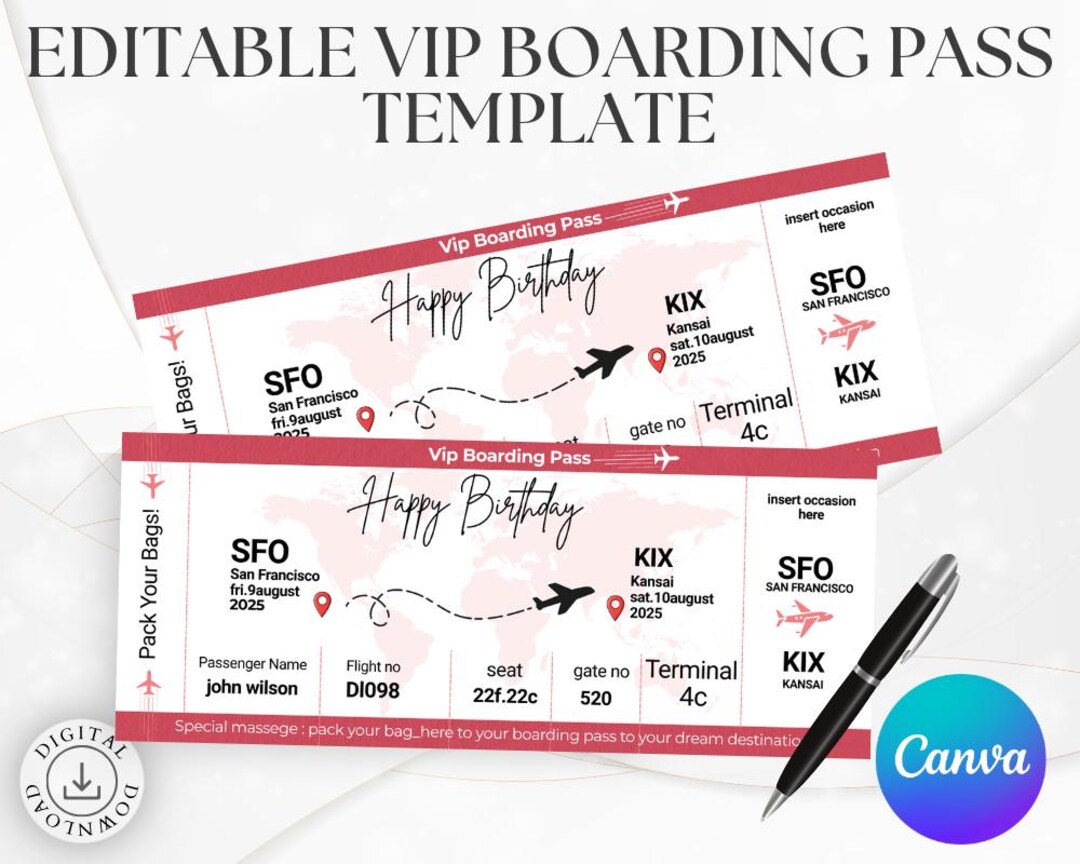 Editable VIP Boarding Pass Template, Birthday Printable Template ...