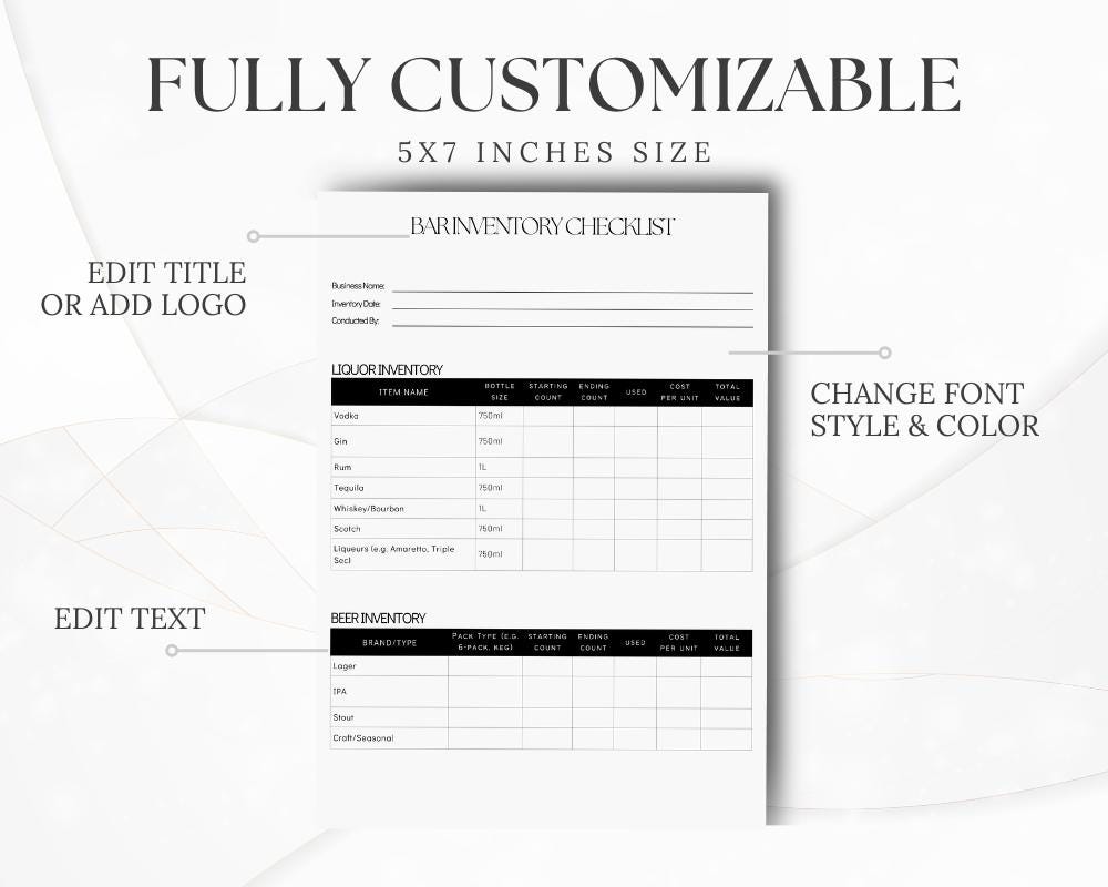 Bar Inventory Checklist, Printable PDF for Bartenders, Liquor Stock ...
