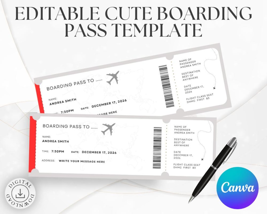 Editable Cute Boarding Pass Template, Canva Template, Printable ...