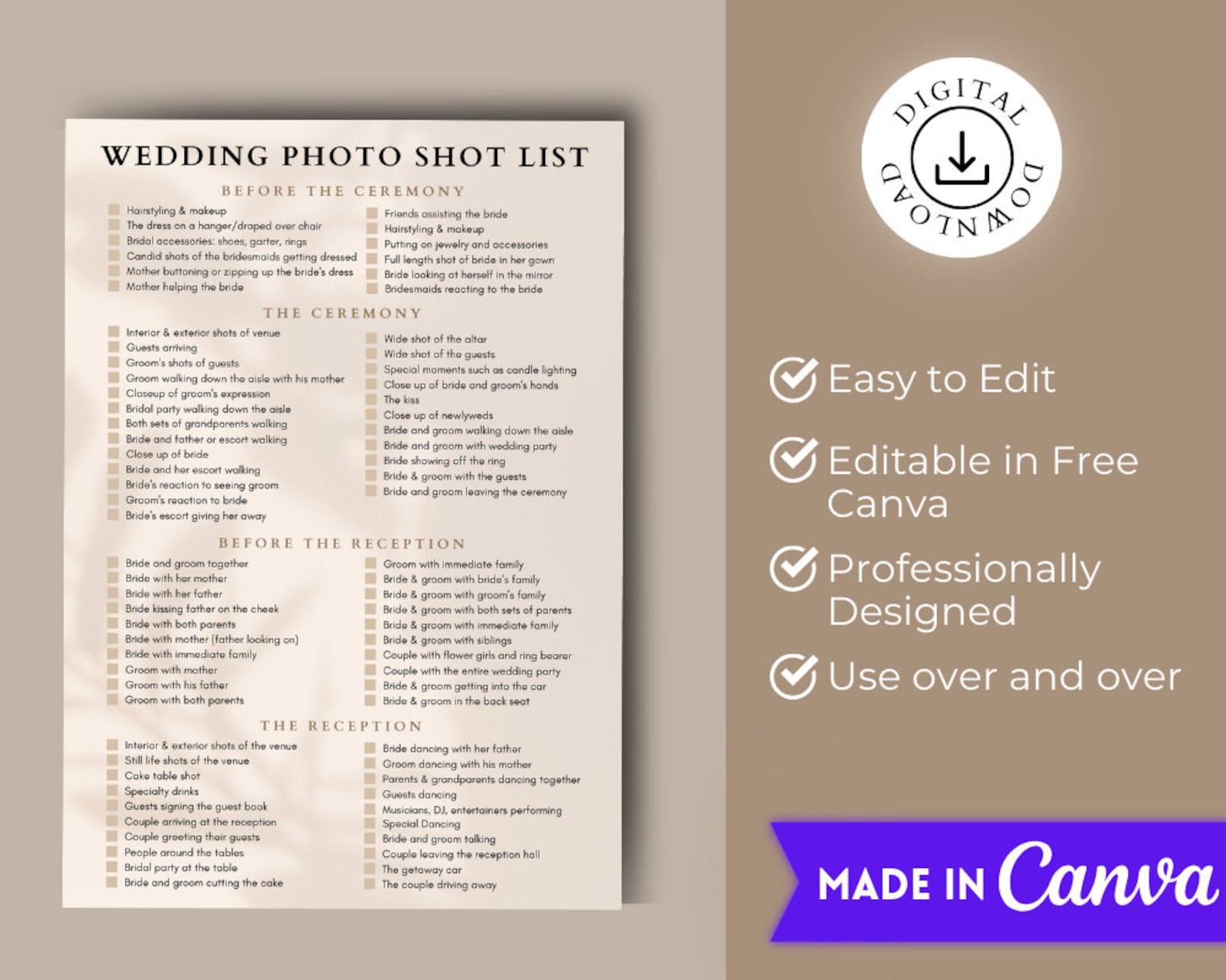 Printable Wedding Photo Checklist | Photographer Form | Editable ...