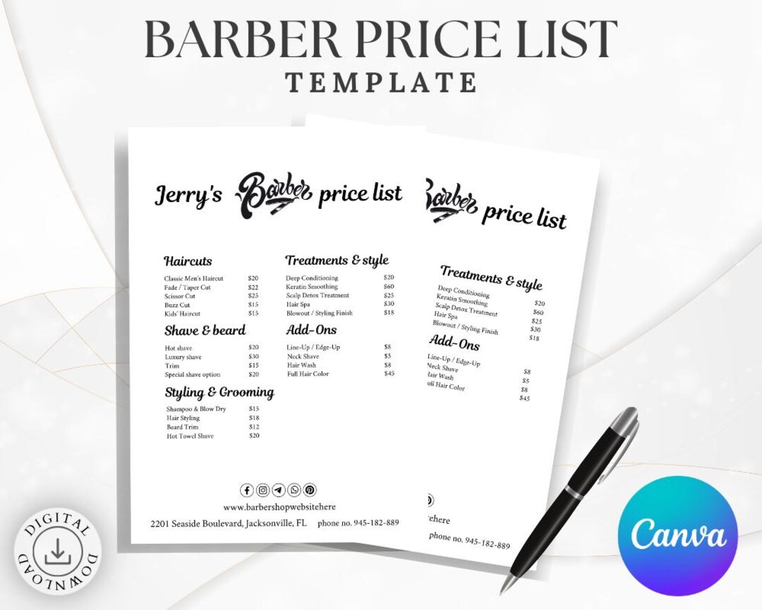Barber Price List Template: Modern Sleek Design - Editable Canva ...