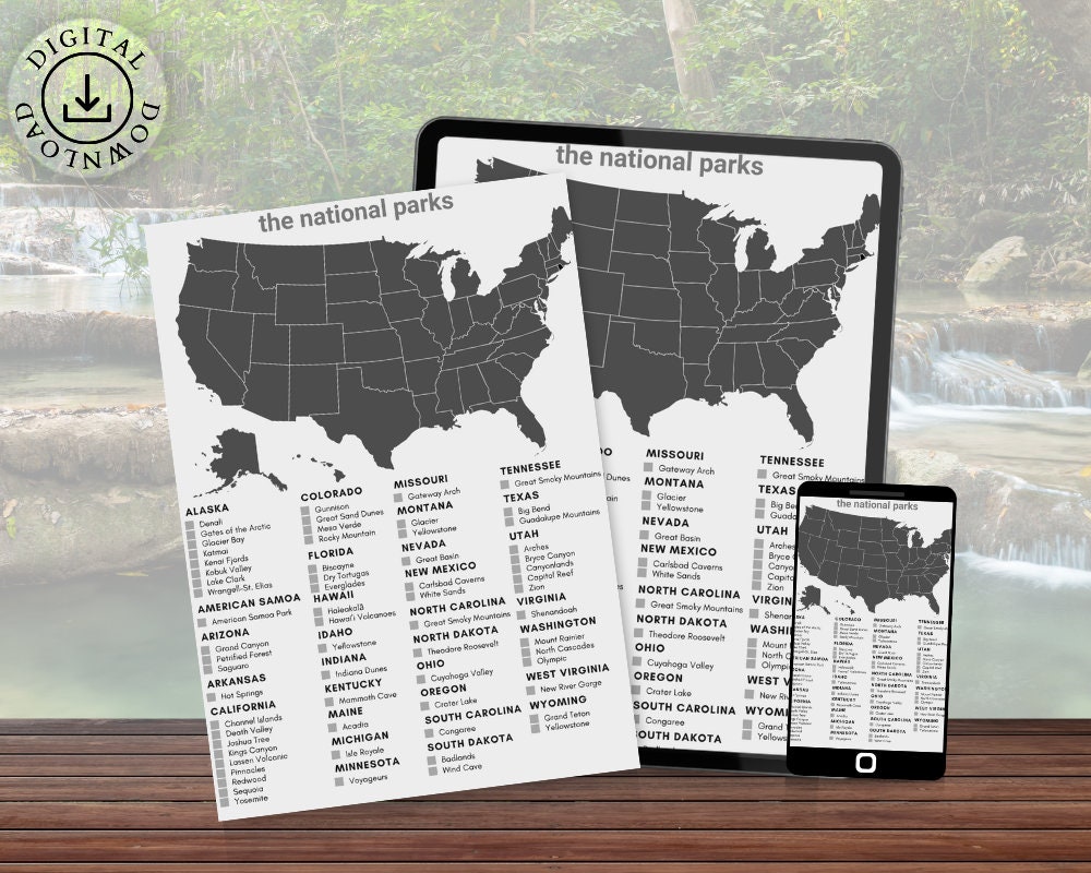 US Travel Map Printable Travel Map - National Parks Checklist, Digital ...