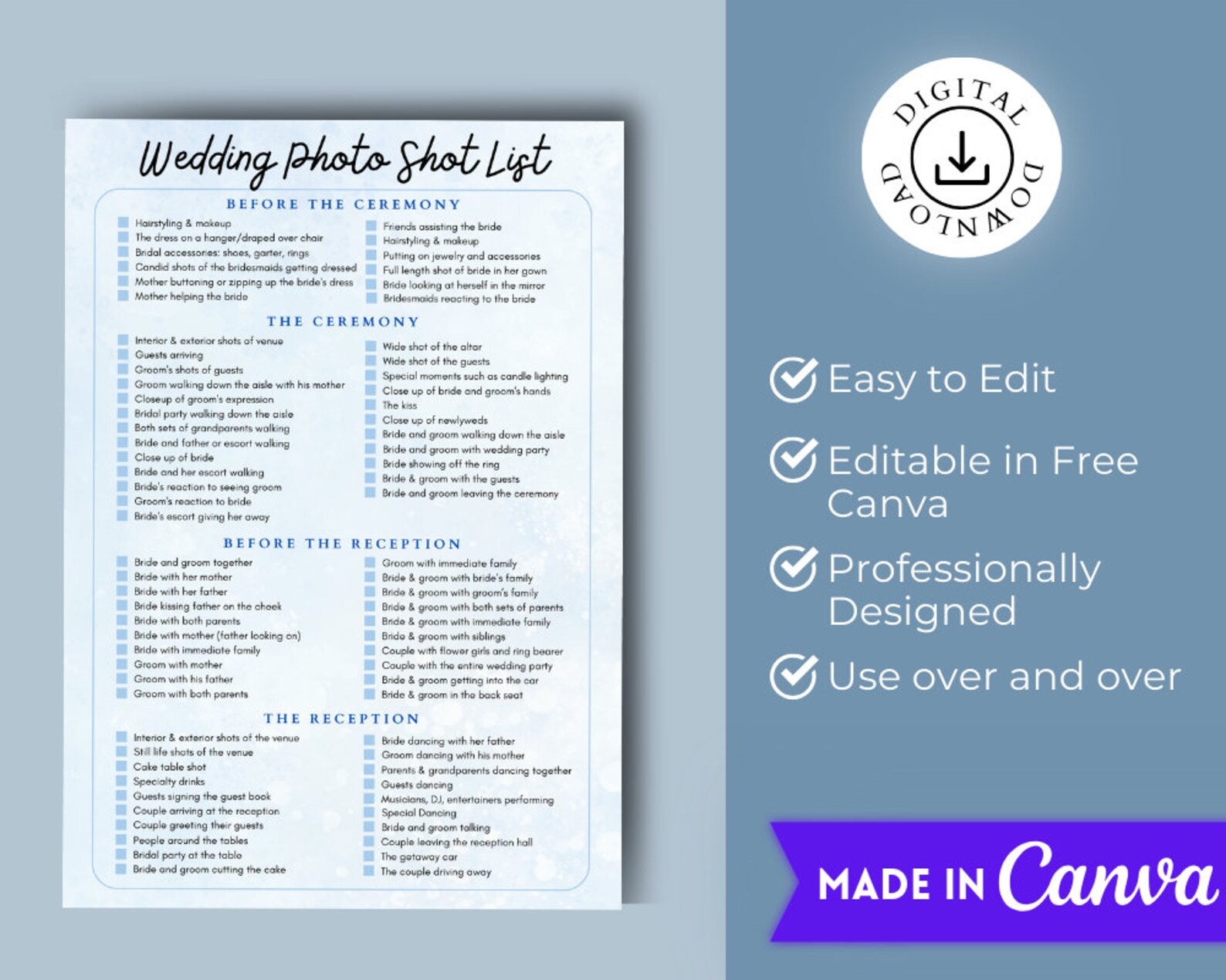 Printable Wedding Photo Checklist Photographer Cheat Sheet Wedding ...