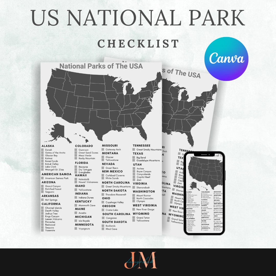 US Travel Map Printable Travel Map - National Parks Checklist, Digital ...