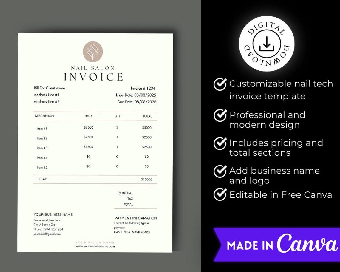 Nail Tech Invoice Template - Editable Canva Form for Nail Technicians ...