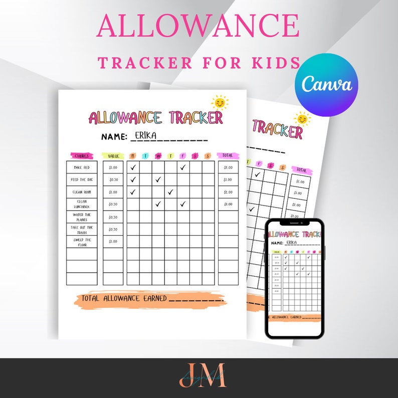 Allowance Chart Kids Responsibility Tracker, Editable Money Reward ...