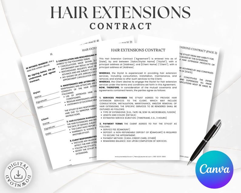 Hair Extension Contract Template - Editable Client Agreement - Consultation Form & Aftercare ...