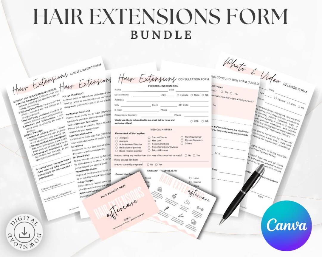 Hair Extension Form Editable Bundle, Client Intake & Care Guides (canva ...