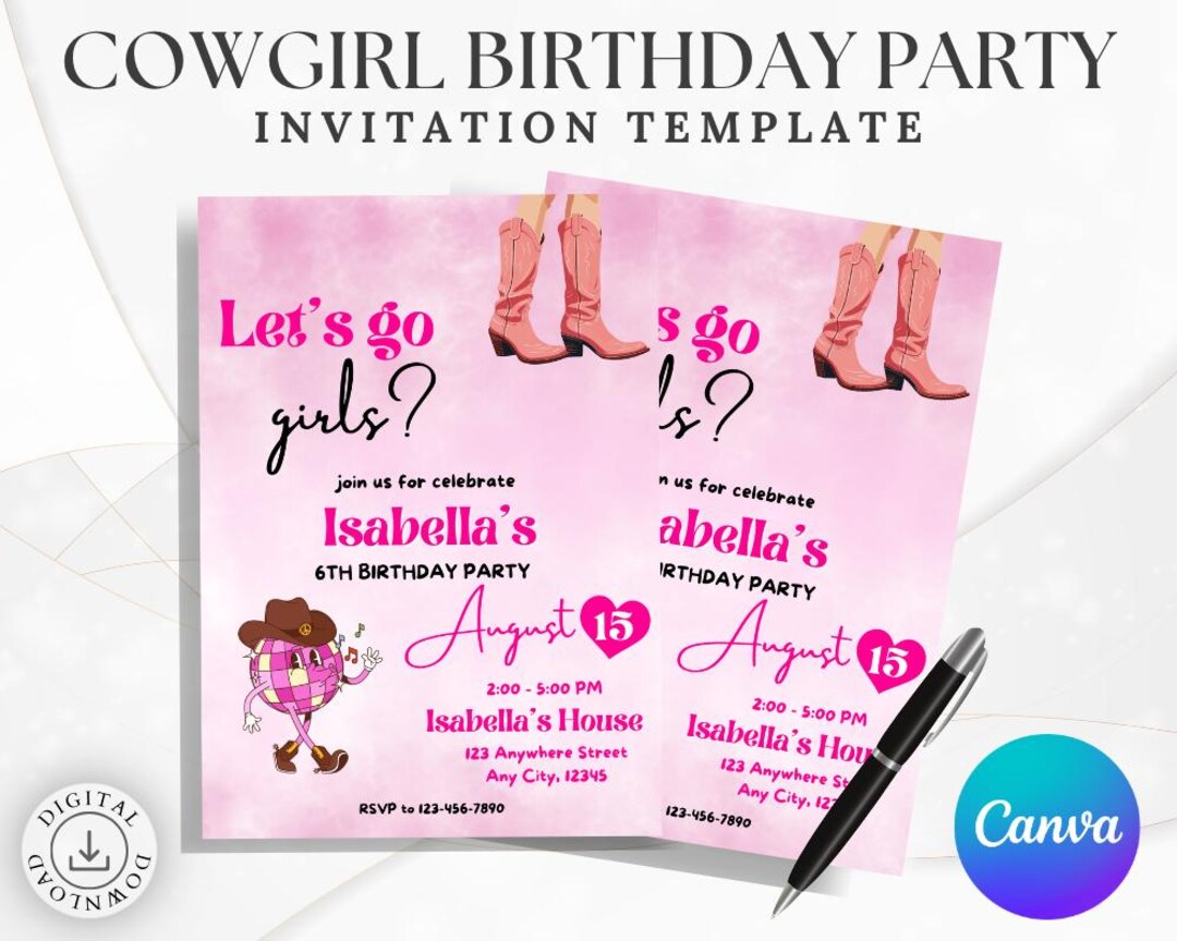 Cowgirl Birthday Party Invitation Template, Digital Download, Editable ...