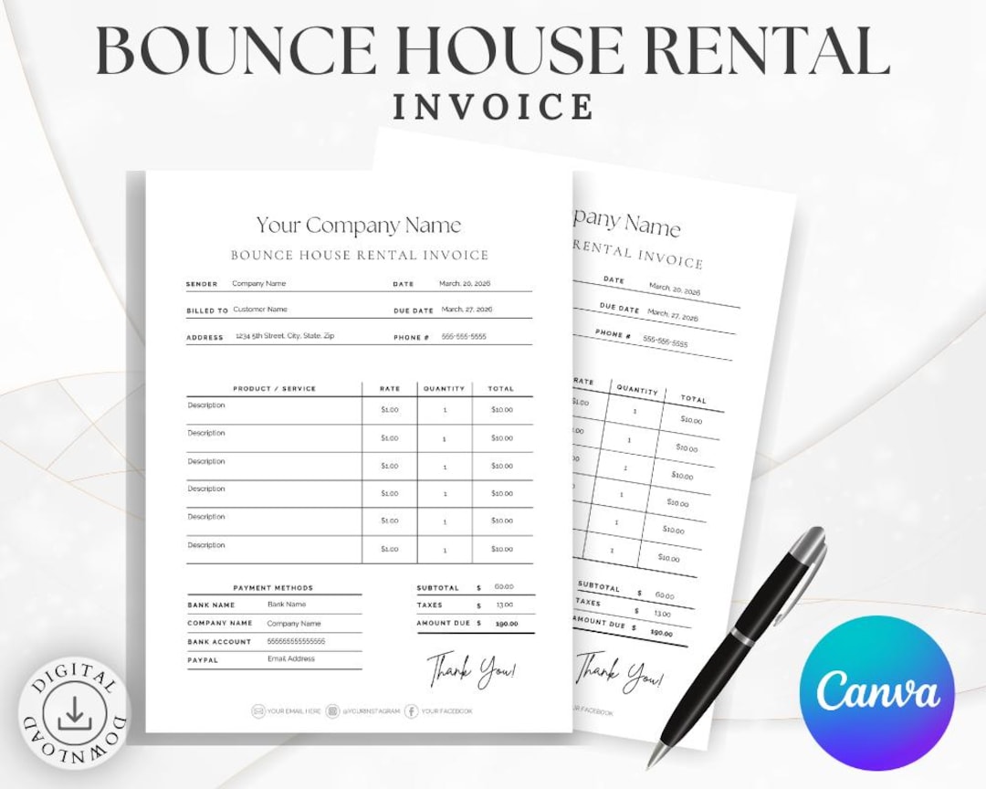 Bounce House Invoice Template - Editable Rental Agreement Liability Waiver - Inflatable Contract ...