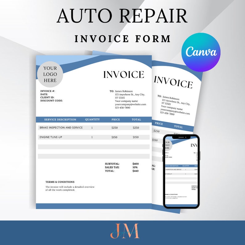 Auto Repair Invoice Printable Editable Instant Download Body Shop ...
