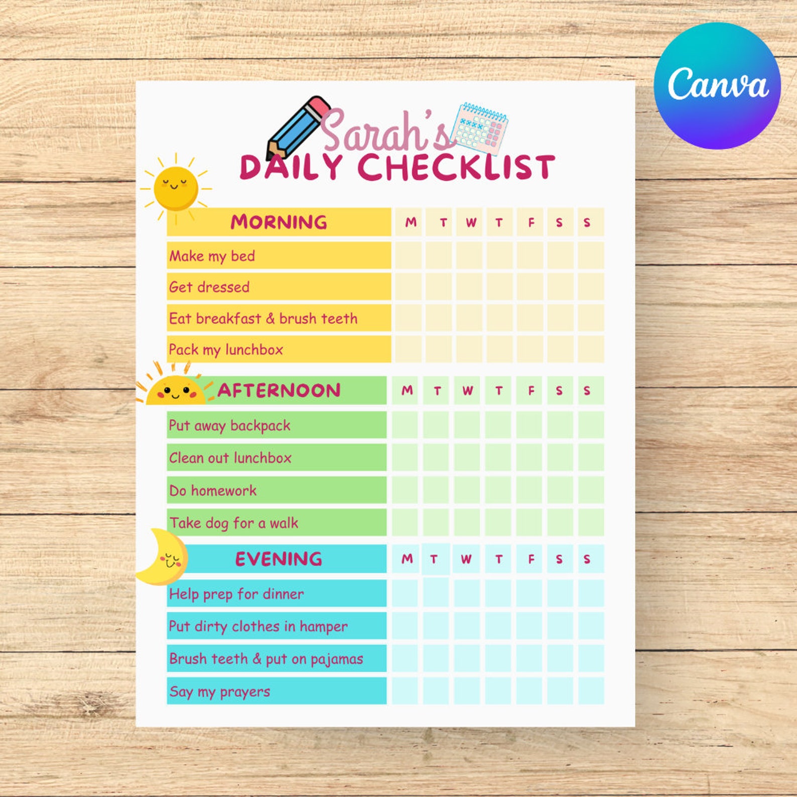 Kids Daily Checklist Responsibility Chart, Editable Visual Planner ...