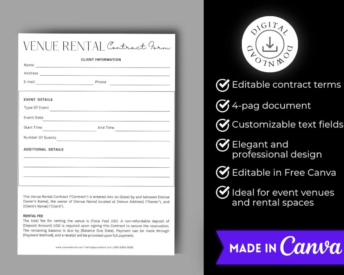 Venue Rental Agreement Template - Editable Event Space Contract ...