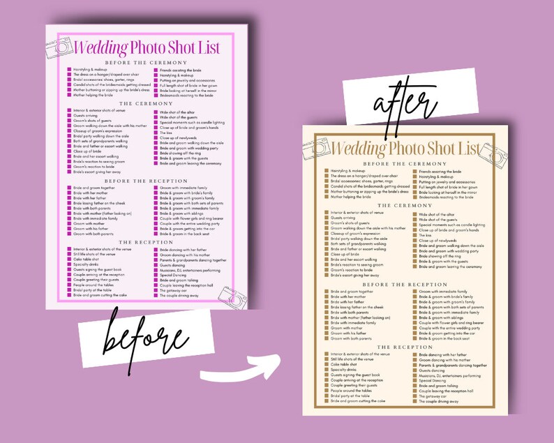 Printable Wedding Photo Checklist | Photographer Cheat Sheet | Wedding ...