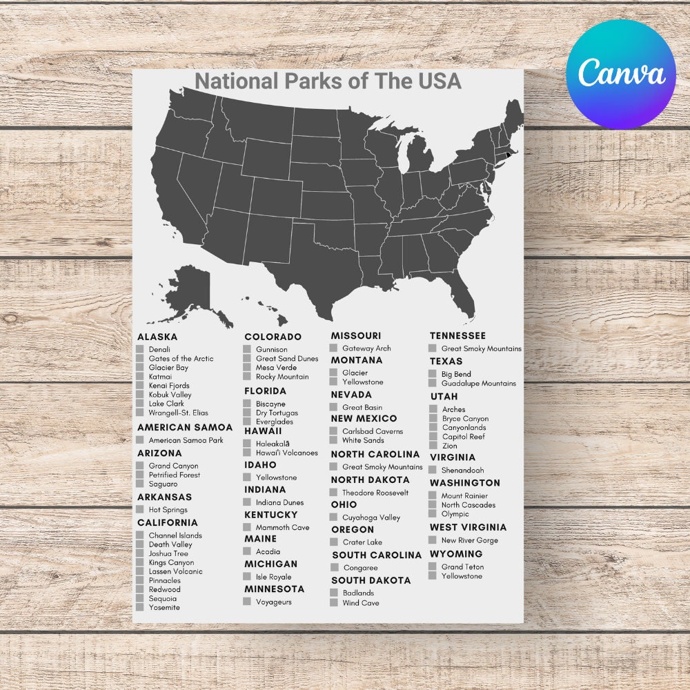 US Travel Map Printable Travel Map - National Parks Checklist, Digital ...