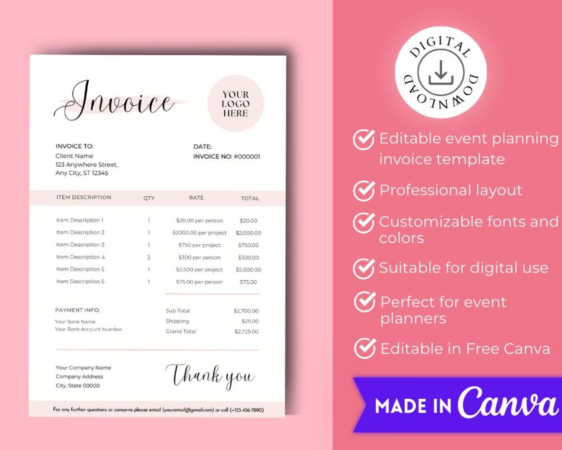 Event Planner Contract Template - Editable Invoice - Wedding Planning ...