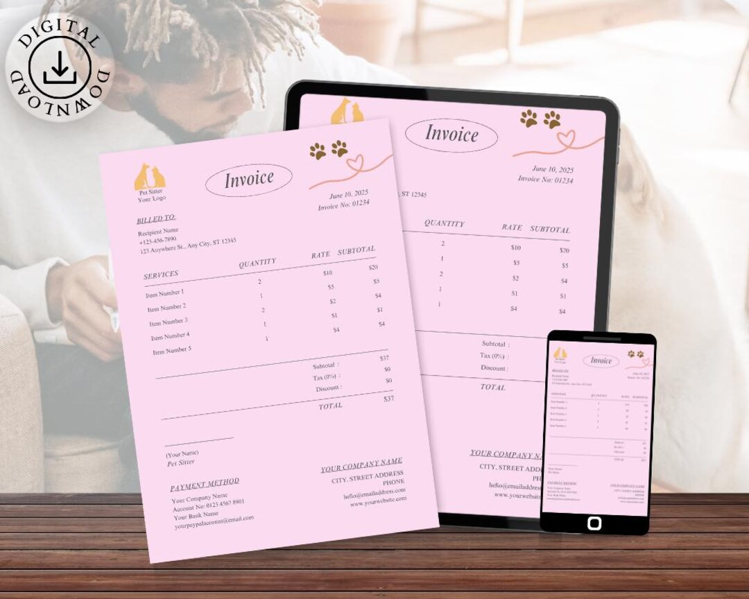 Pet Sitting Invoice & Service Agreement Template - Editable Printable ...