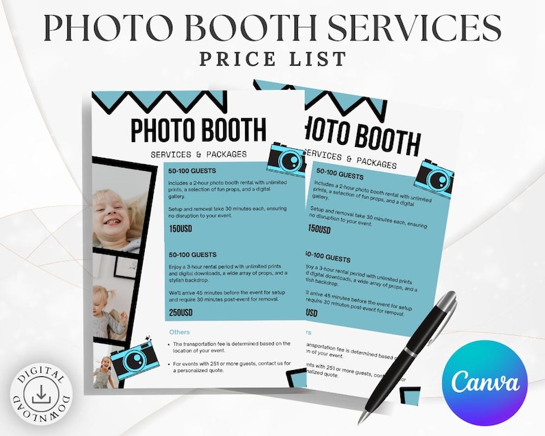 Photo Booth Services Price List, Printable Template, Digital Download ...