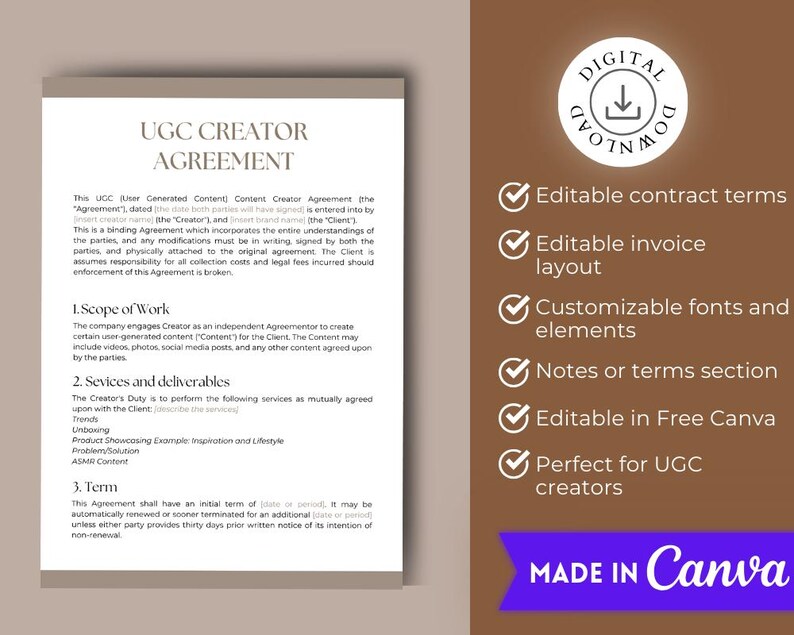 Influencer Agreement Editable Contract: UGC Creator Collaboration ...