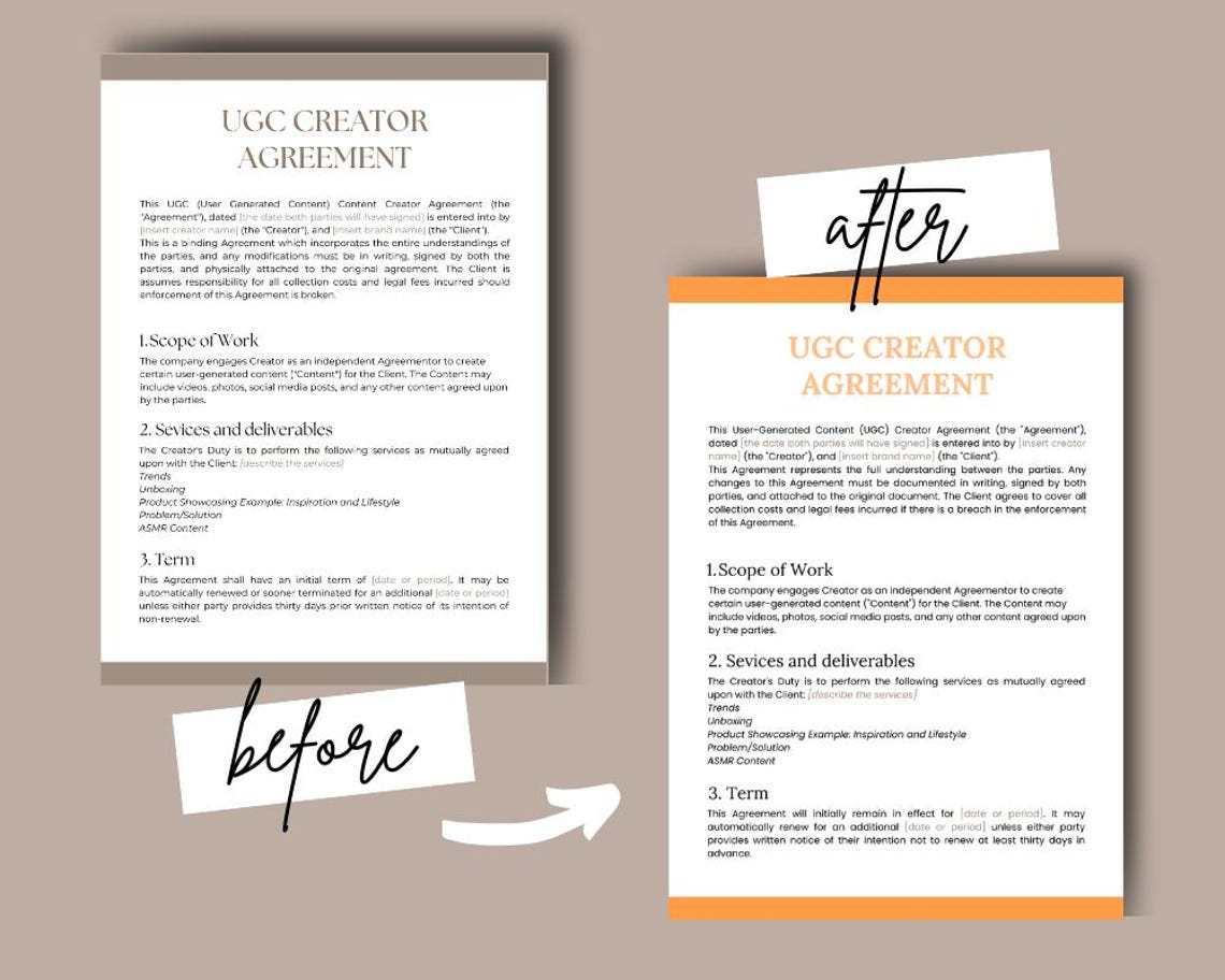 Influencer Agreement Editable Contract: UGC Creator Collaboration ...