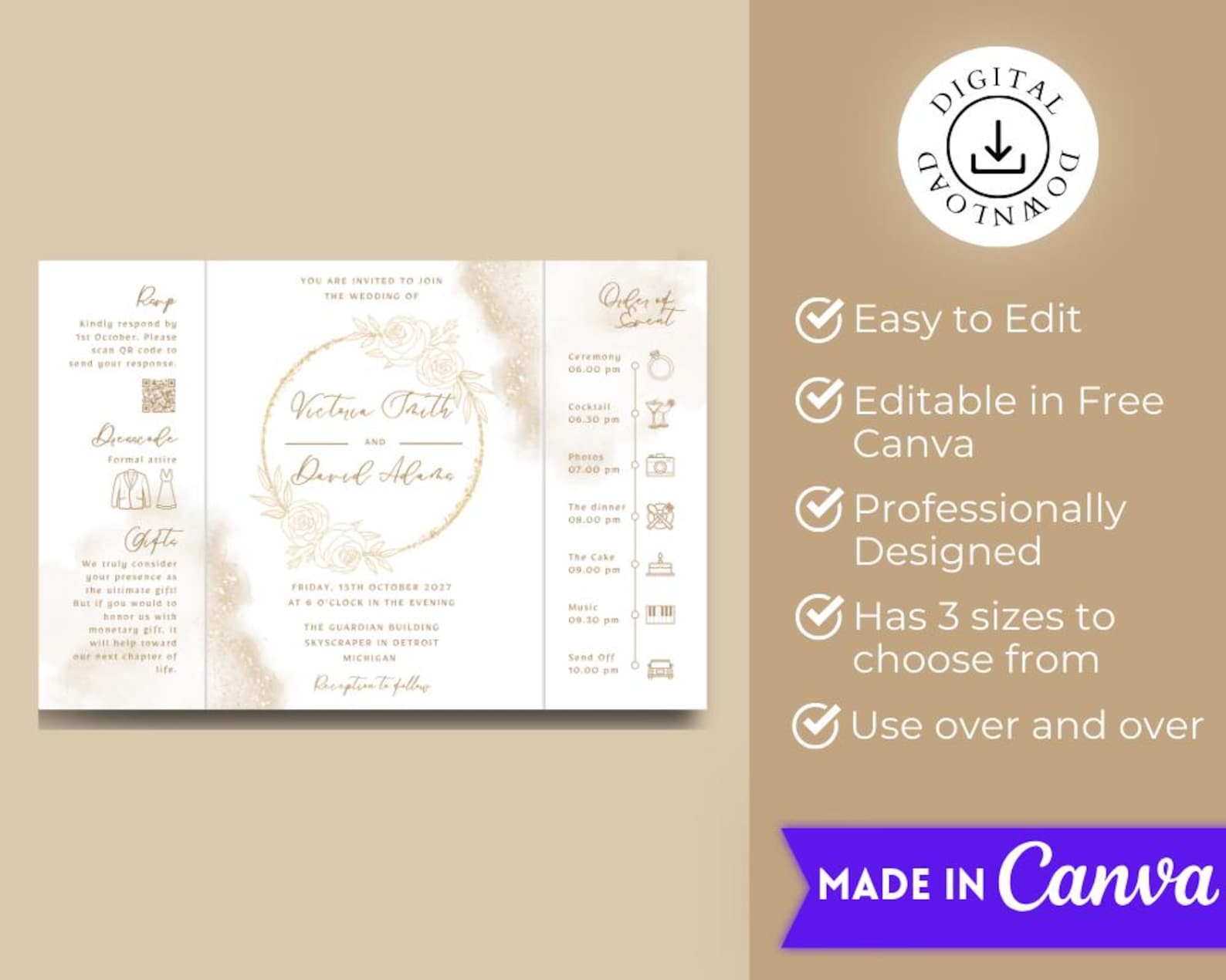 Elegant Gatefold Wedding Invitations – Customizable Canva Template With ...
