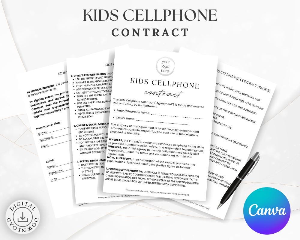 Cell Phone Contract for Teens and Kids – Printable & Editable Agreement ...