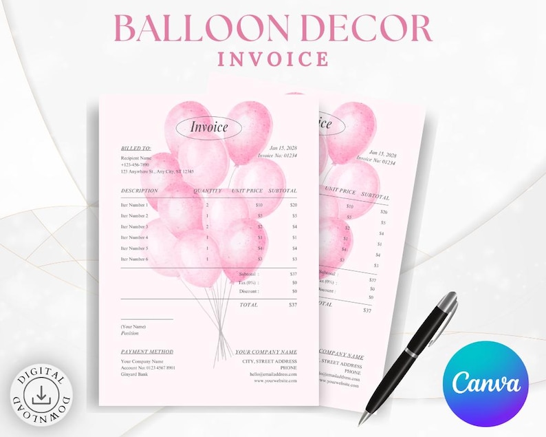 Balloon Invoice Template, Editable Balloon Decor Contract, Business ...