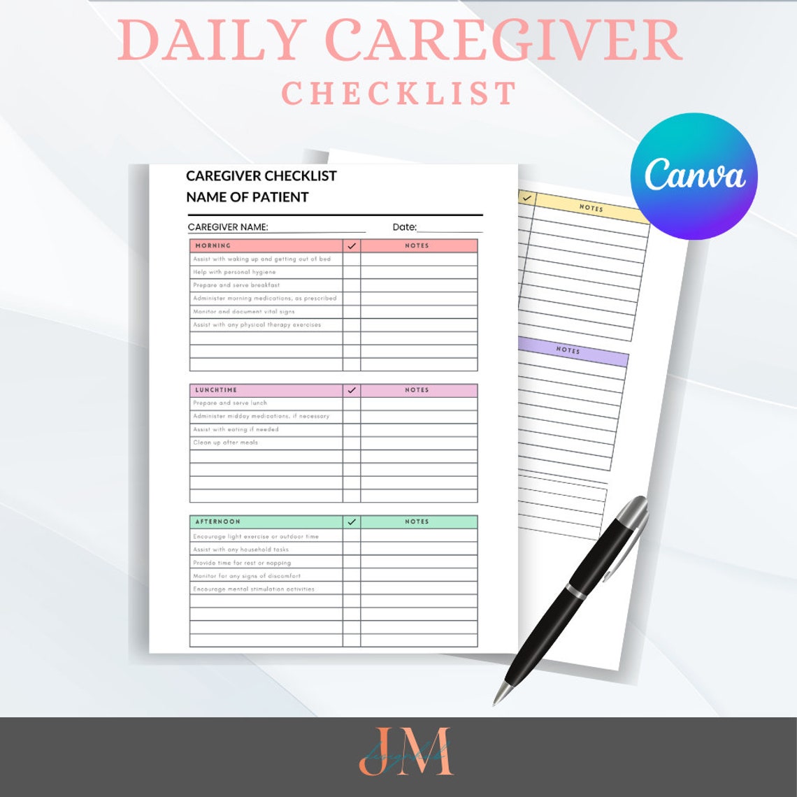 Caregiver Checklist Editable Template, Daily Log Planner, Medical ...