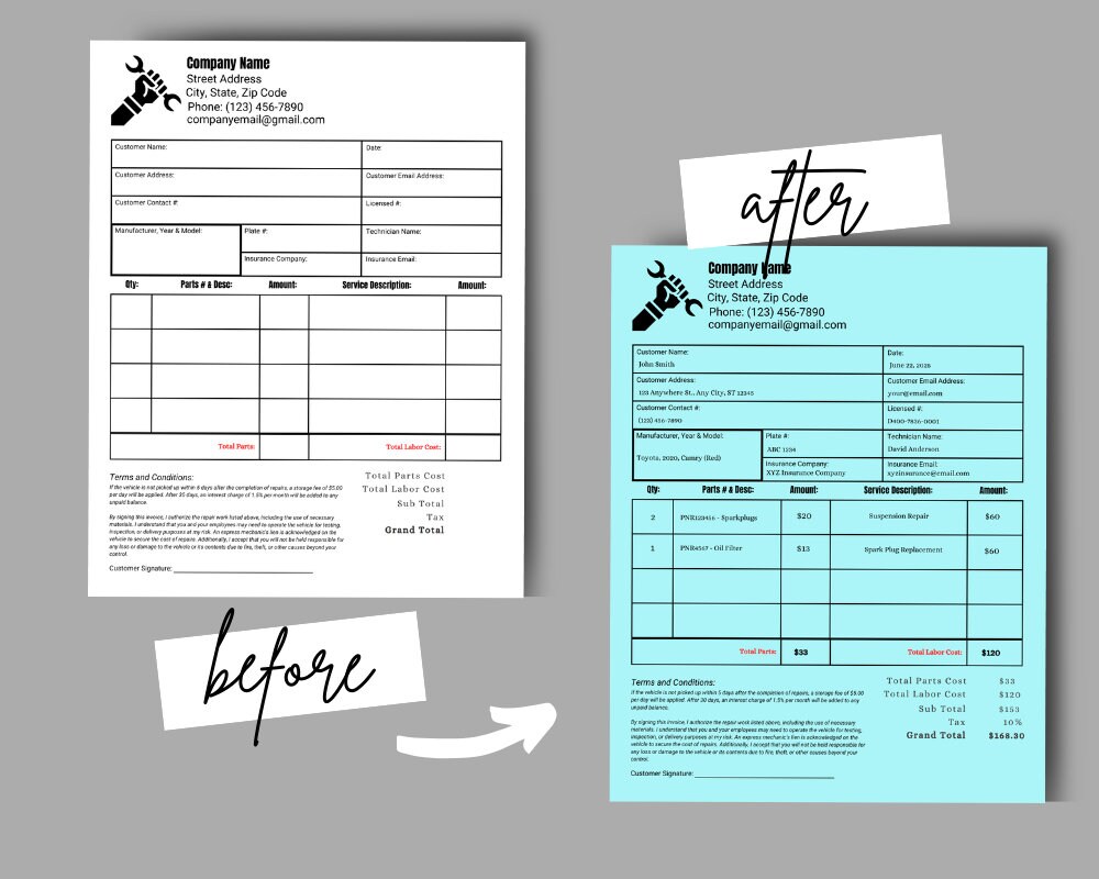 Mechanic Invoice | Editable Invoice | Auto Repair Estimate Template ...