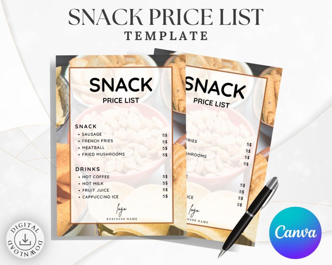 Snack Price List Template, Canva Template, Digital Download, Editable ...