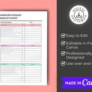 Caregiver Checklist Editable Template, Daily Log Planner, Medical ...