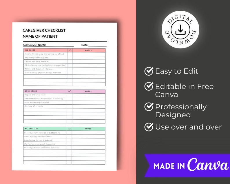 Editable Caregiver Checklist | Fillable Pdf | Medical Binder ...