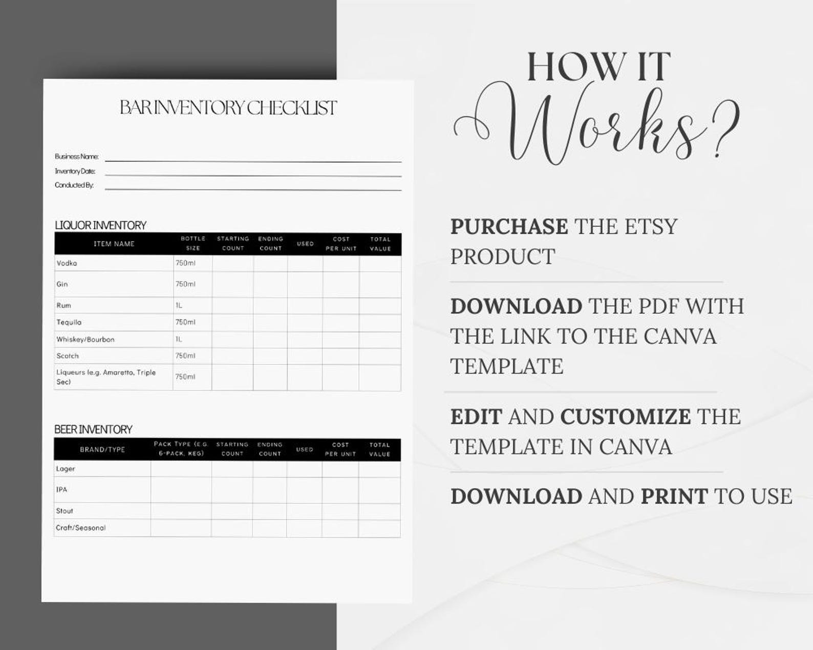 Bar Inventory Checklist, Printable PDF for Bartenders, Liquor Stock ...